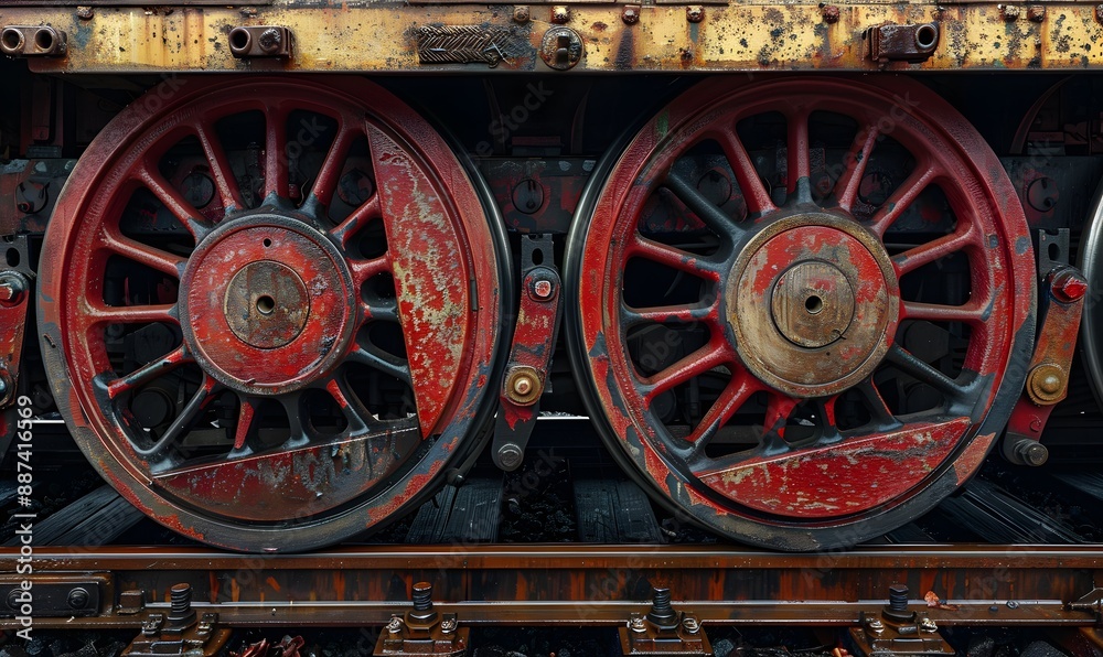 Close-up of the cargo train wheels on the tracks, capturing the ...