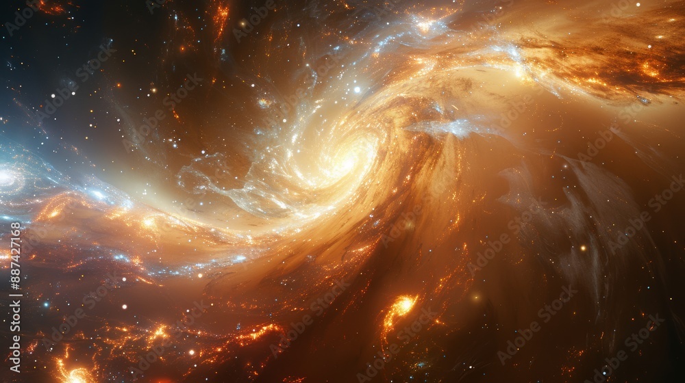 A cosmic dance of colliding galaxies, vibrant colors and swirling stars ...
