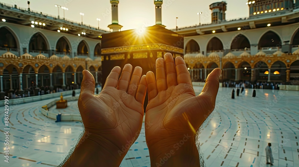 Muslim praying to Allah in front of Kaaba. Islam Iconic Mosque Al Haram ...