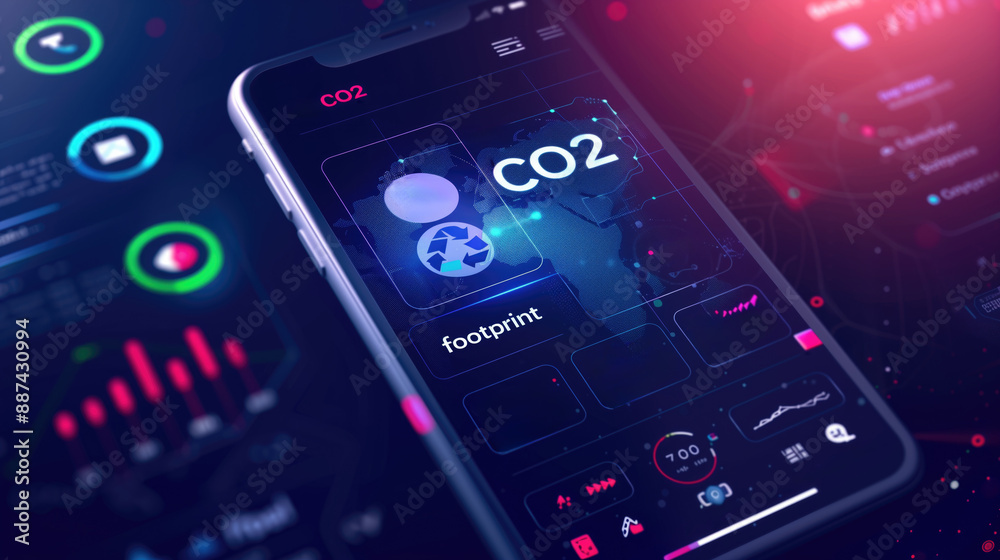 Smartphone displaying CO2 footprint tracking app with data analytics ...
