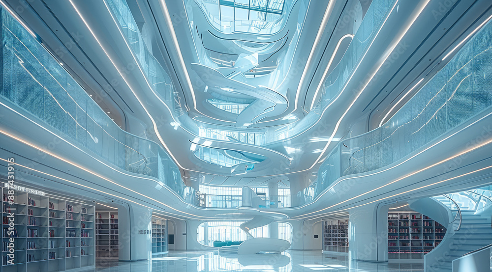 High-tech public library with an ultra-modern design, featuring digital ...