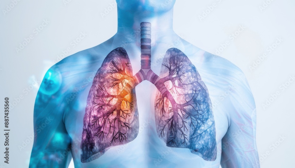 Medical illustration of human lungs showcasing respiratory system anatomy and highlighting lung ...
