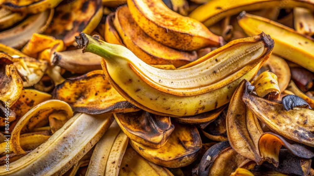 Highly detailed, photorealistic banana peels scattered on a sleek ...