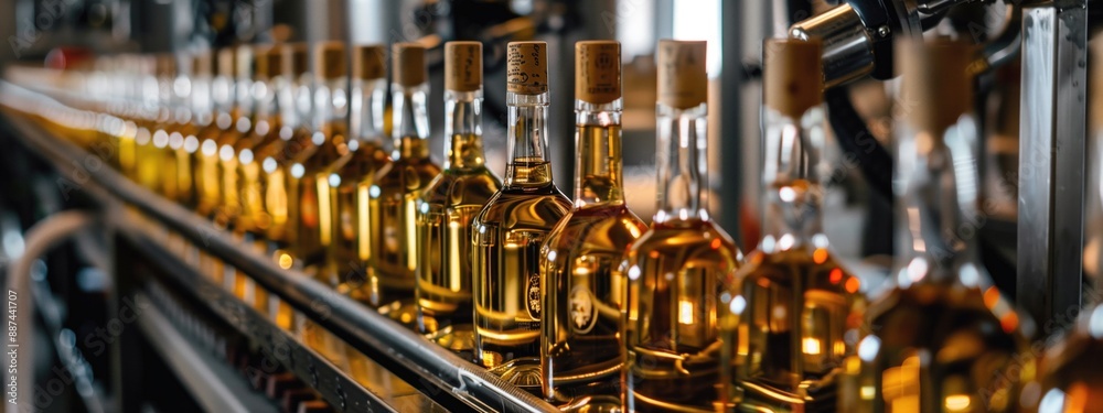 Bottles of whiskey on conveyor belt in distillery factory with ...