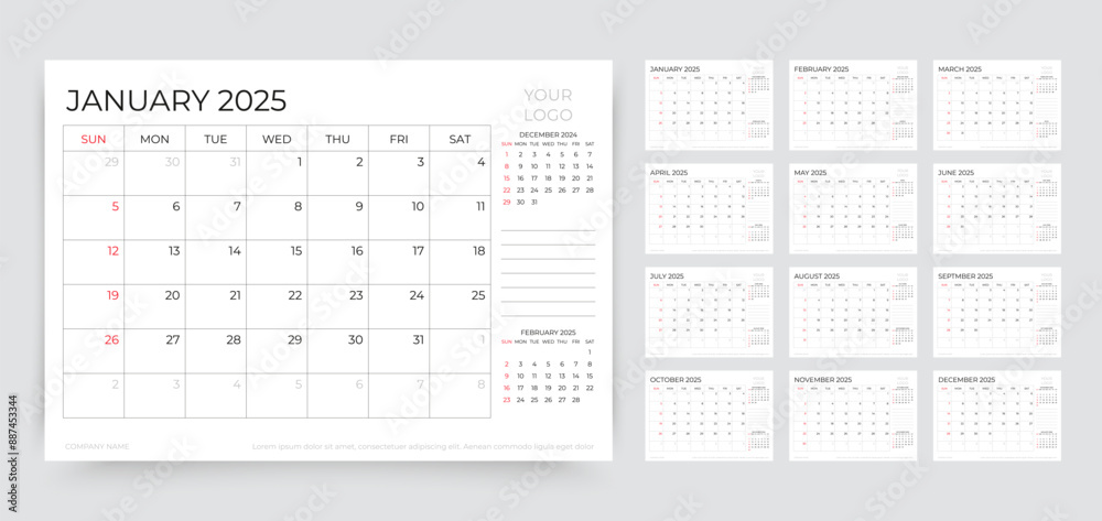 Calendar for 2025 year. Planner calender template. Yearly organizer ...