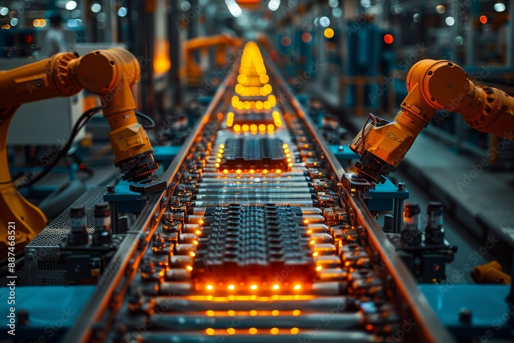 Modern ev factory robot arms transporting battery modules in automated ...