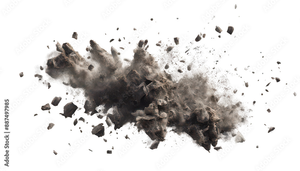 Powerful explosion with debris and dust particles suspended in mid air ...