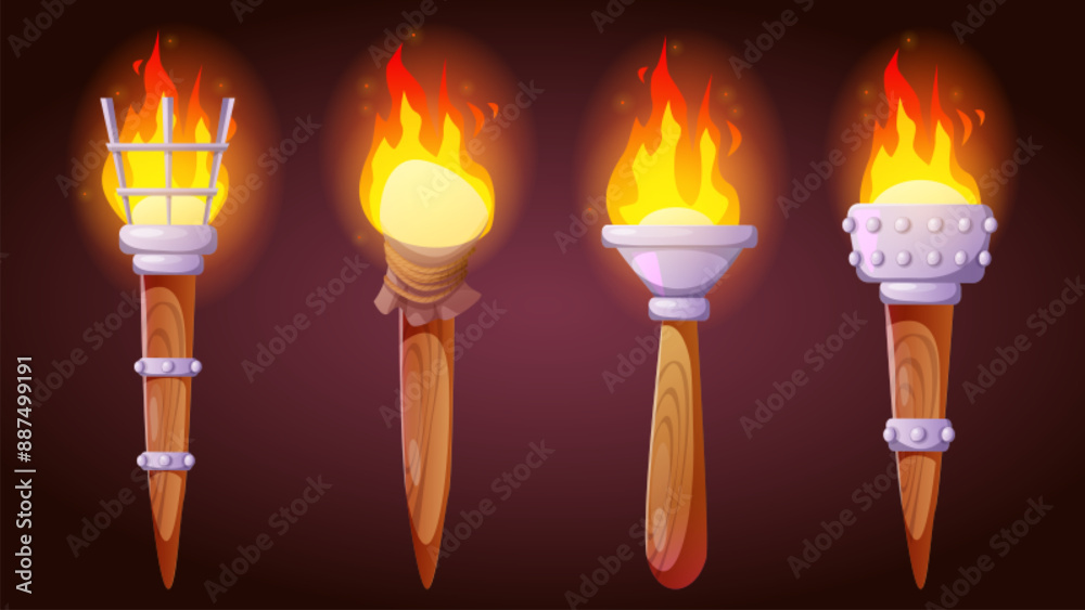 Burning fire torches set isolated on black. Vector cartoon illustration ...