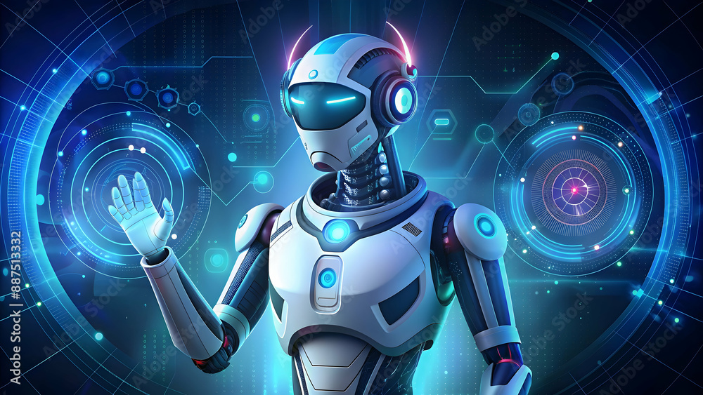 White and blue humanoid robot waving in front of a futuristic interface ...