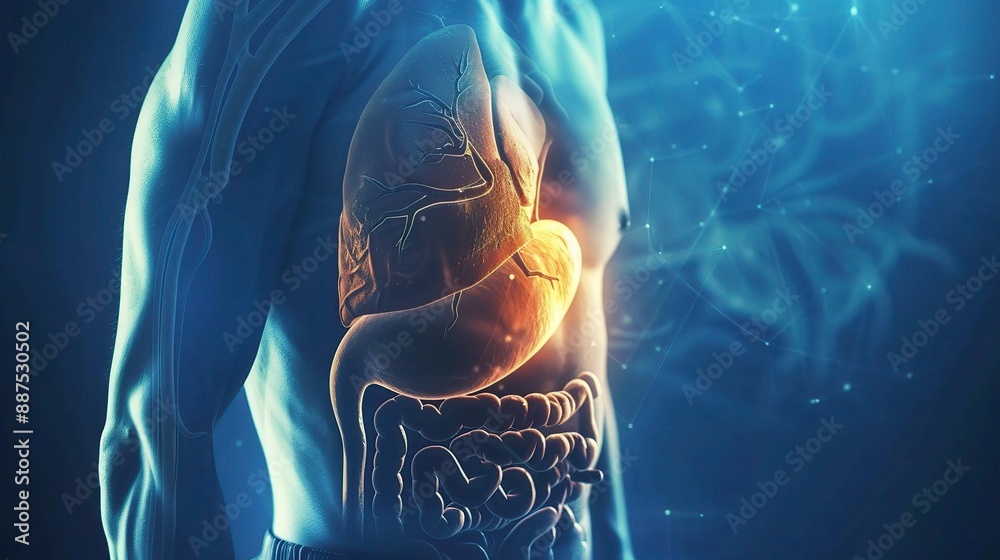 Illustration of a liver affected by cirrhosis, highlighting the medical ...