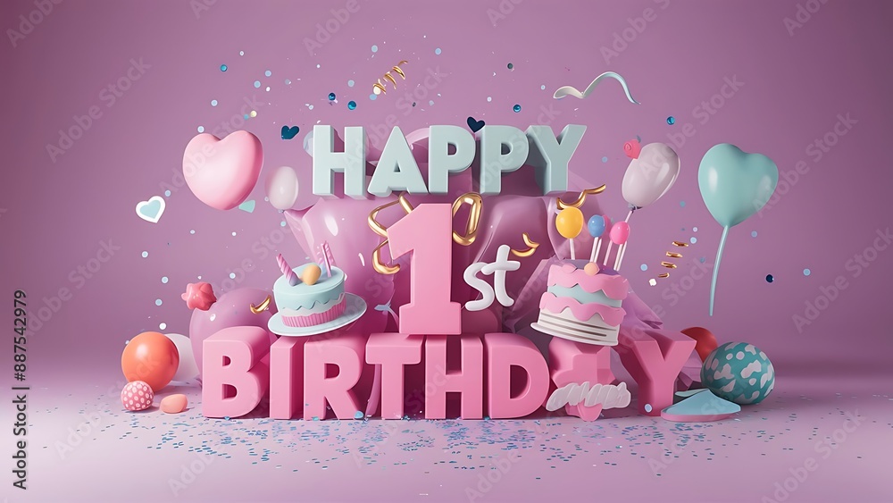 Minimalist 3D Pastel theme Happy 1st Birthday Background With ...