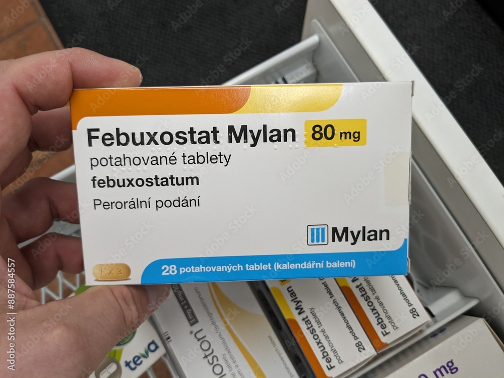 Prague, Czech Republic - July 10 2024: FEBUXOSTAT MYLAN box of ...