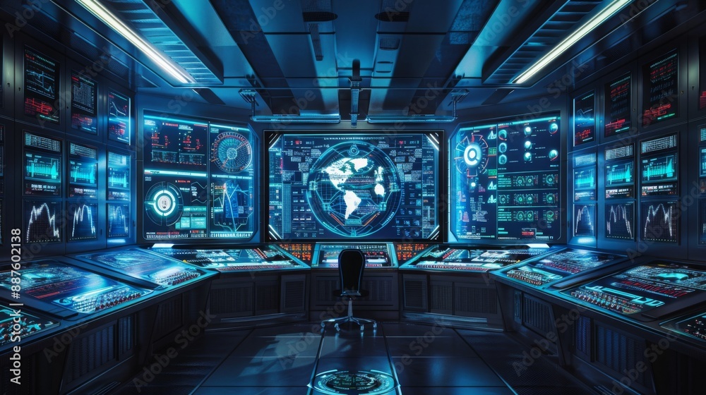 Futuristic Control Room With Real Time Data Screens And Advanced Control Panels For Monitoring