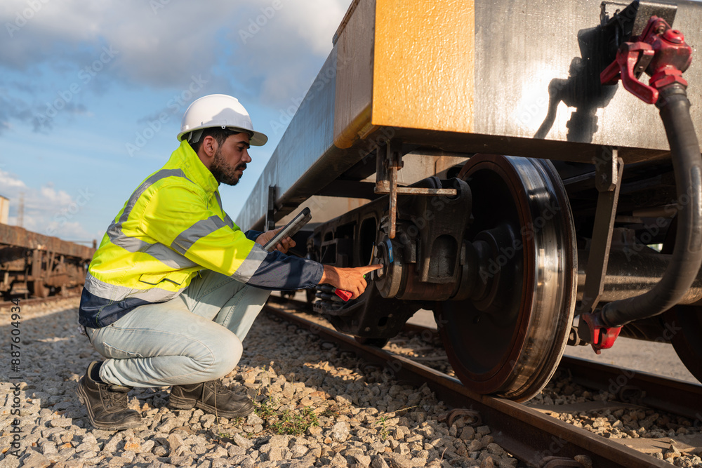 Engineer railway wearing safety uniform and helmet under checking train ...