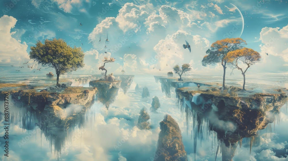 Mythical Passover elements with floating islands fantastical creatures ...