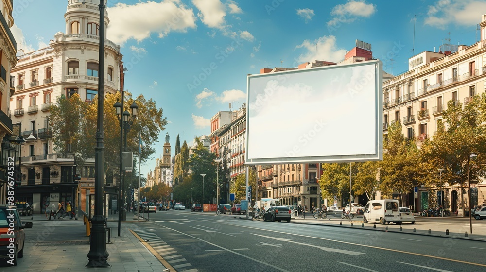 An empty billboard mockup on a busy street in madrid,surrounded by ...