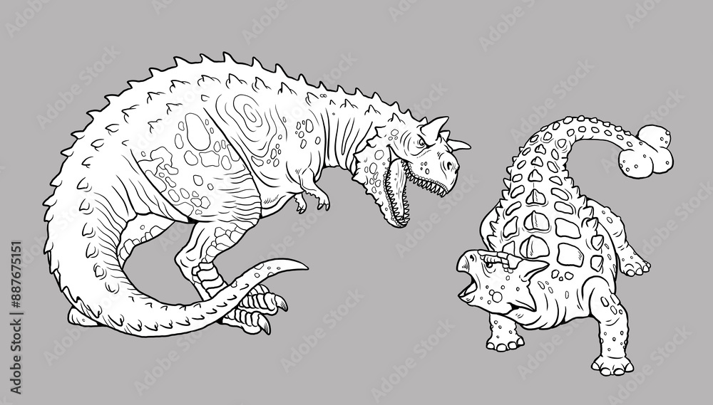 Predatory dinosaur Carnotaurus attacks the Ankylosaurus. Dinosaur ...
