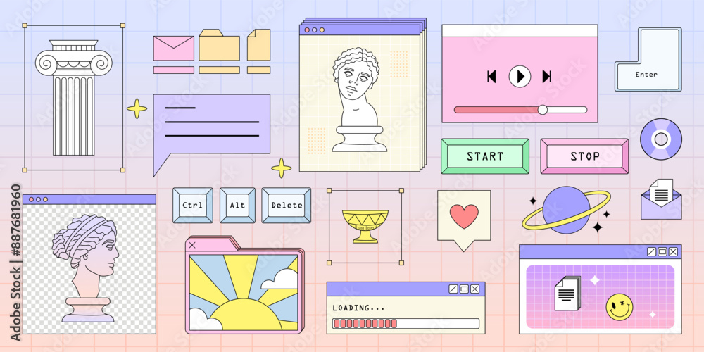 Retrowave PC Desktop with Message Boxes and Popup User Interface Elements. Retro User Interface ...