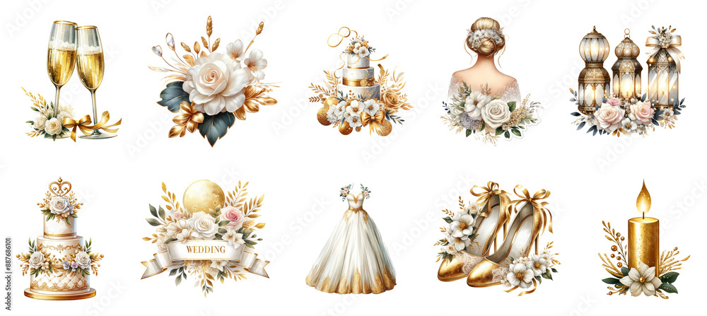 Luxury gold and white wedding elements clipart set for invitations and ...