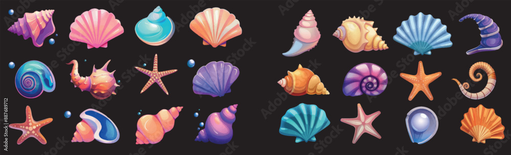 The seashell and conch, starfish and pearl in clam icon set is based on ...