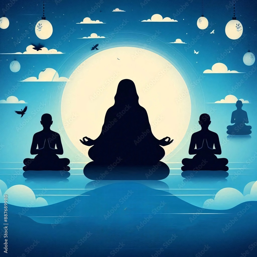 Silhouette of Meditation Scene: Guru and Disciples Against Calming Blue ...