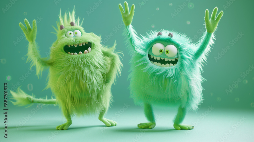 Zdjęcie bez tantiem: Green, furry monsters, made in a 3D cartoon style ...