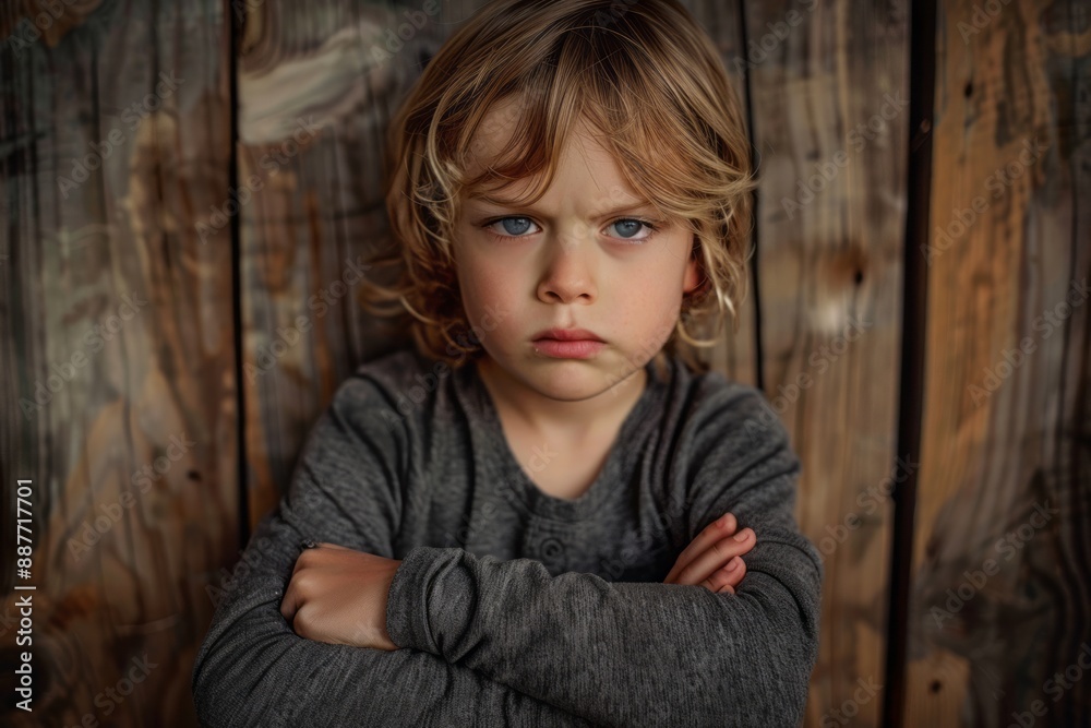 Mad child, angry little kid standing and looking at the camera with ...