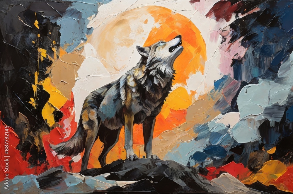 Abstract expressionist, painting of a howling wolf in front of a big ...