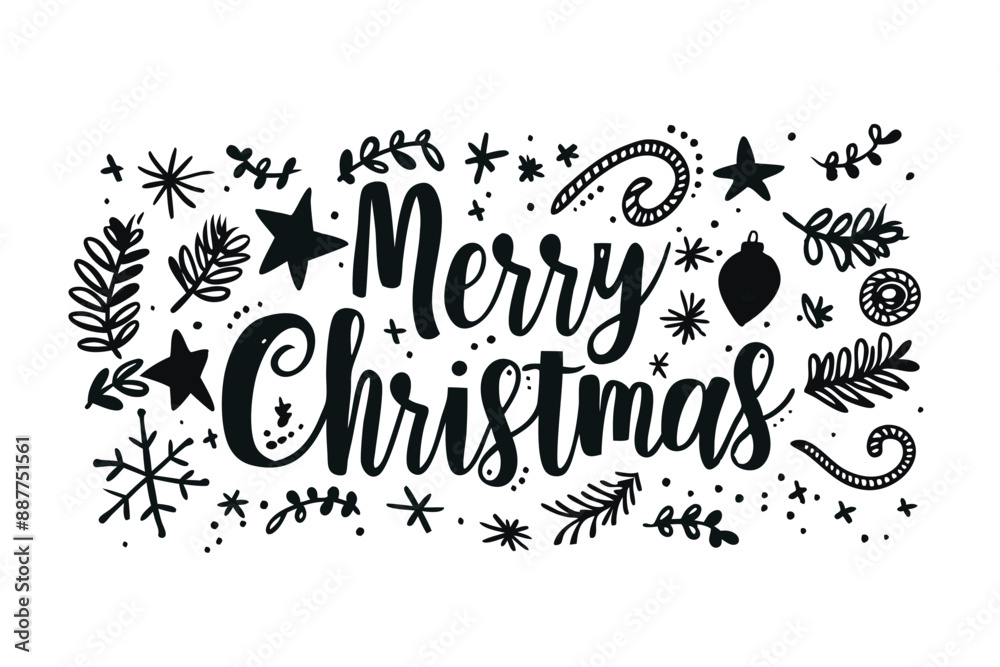 Merry Christmas hand drawn doodle lettering on holiday illustration ...