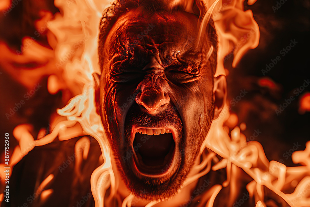 people of ai // burning man screaming into camera, flames around head ...