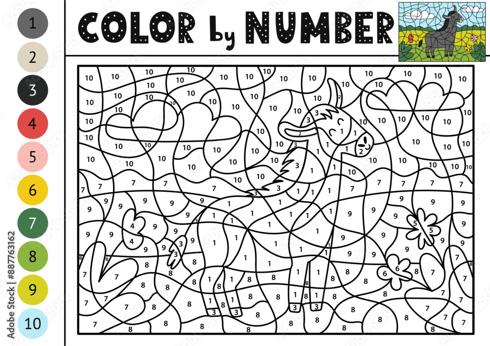 Color by number activity page for kids with a cute donkey. Farm animal ...