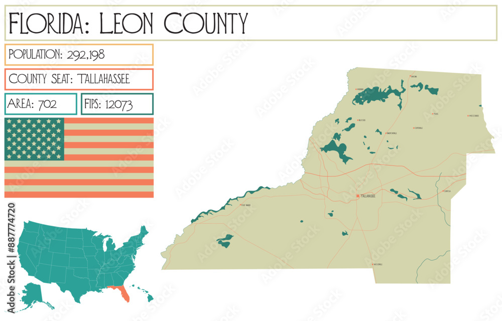 Large and detailed map of Leon County in Florida USA. Stock Vector ...
