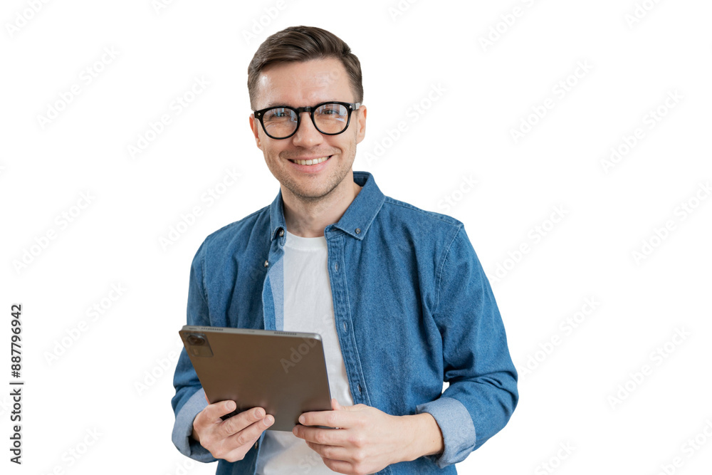Foto de Stock A positive male manager utilizes a tablet and laptop ...