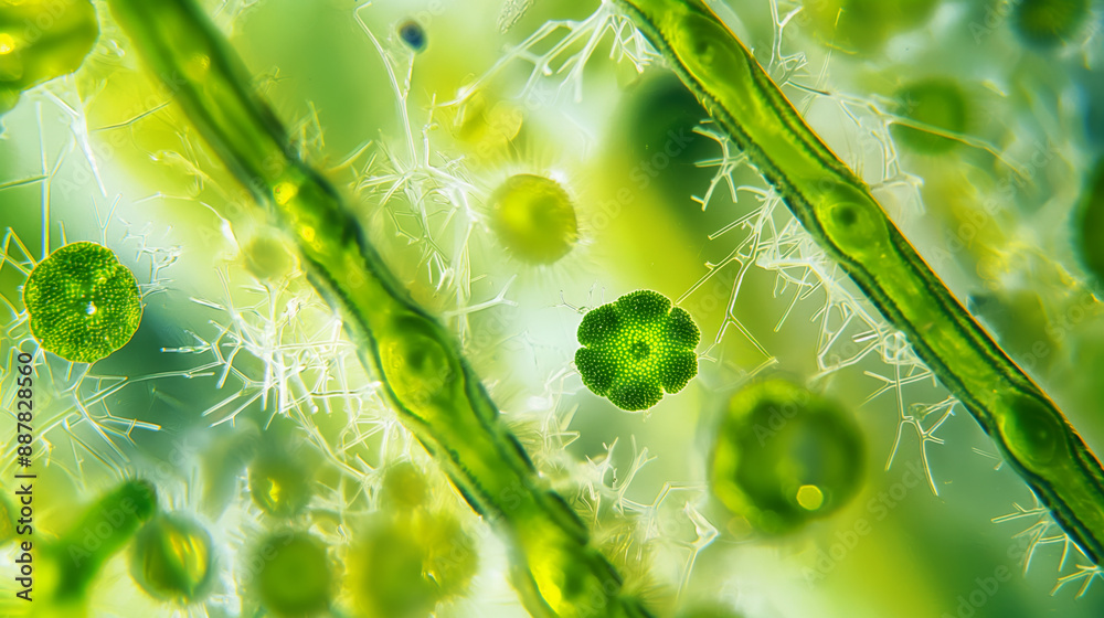 Microscopic view of green algae and phytoplankton with detailed ...