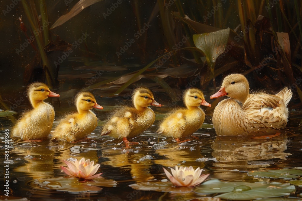 Five yellow ducklings waddling in a straight line on the edge of a pond ...