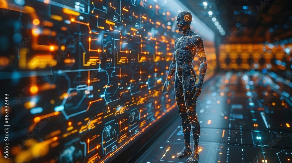 A human body outline with glowing lines and points shows wearable ...