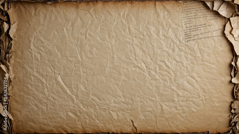 Aged, wrinkled parchment paper with torn edges and partial text visible ...