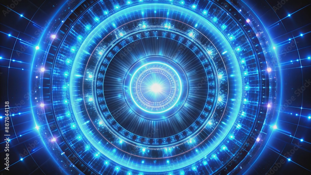 Vibrant Blue Neon Circle Glare with Radiating Rays Isolated on Black ...