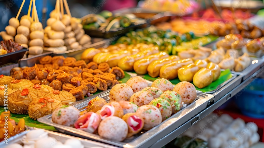 Variety of traditional Taiwanese street food displayed at Raohe Night ...