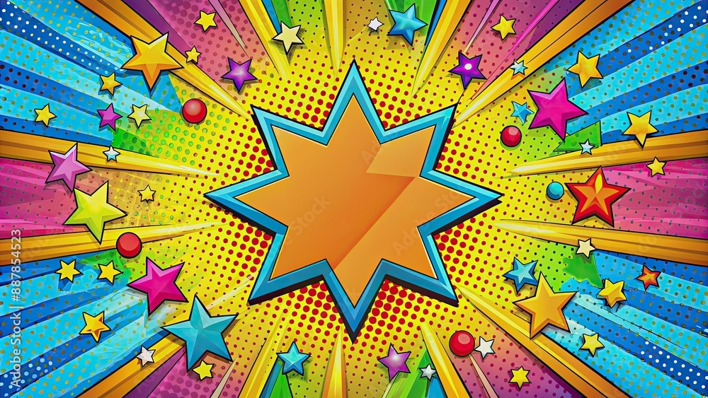 Vibrant boom sign frame in pop art style surrounded by bright colorful ...