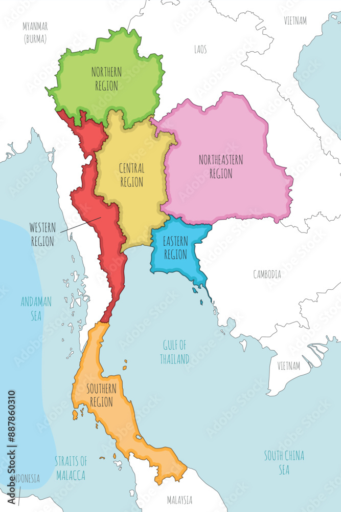 Vector illustrated map of Thailand with regions and administrative ...