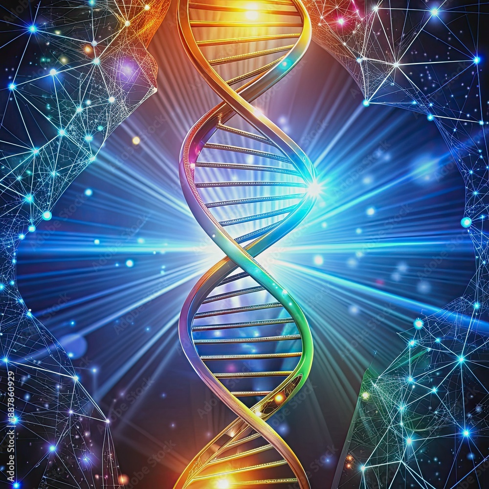 Colorful illustration of DNA double helix structure featuring letters A ...