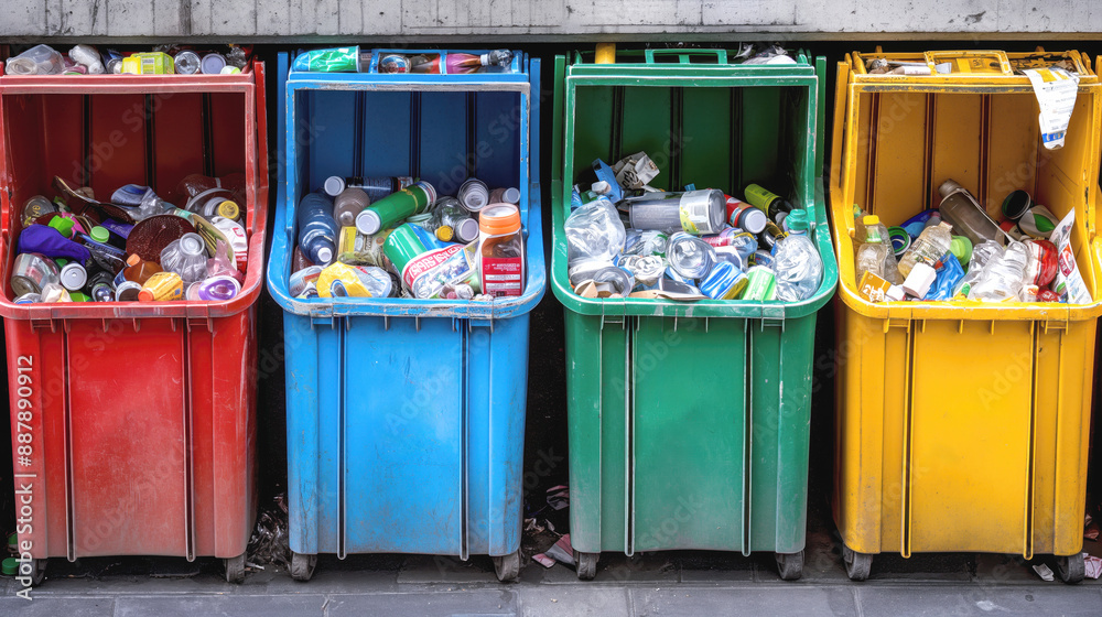 Four recycling bins in red, blue, green, and yellow, filled with ...