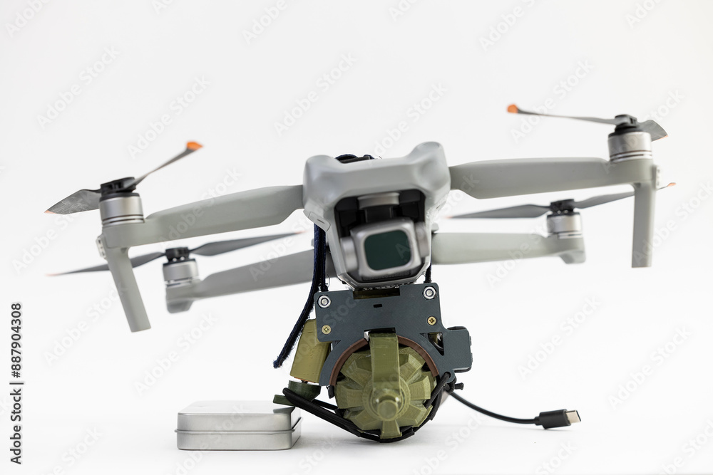 Army drone with mechanism for dropping grenades on white isolated ...