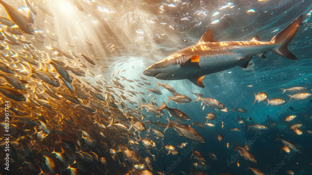 Underwater view of a shark hunting in a school of sardines Stock Photo ...
