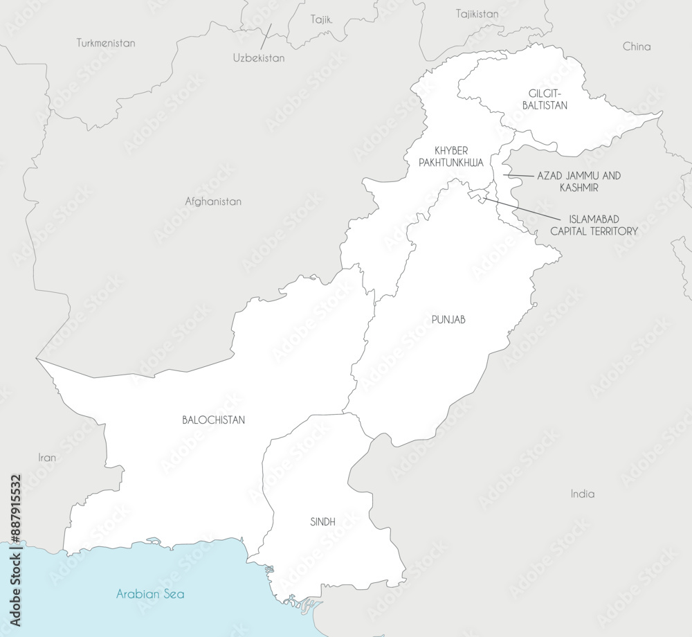 Vector regional map of Pakistan with provinces and territories and administrative divisions, and ...