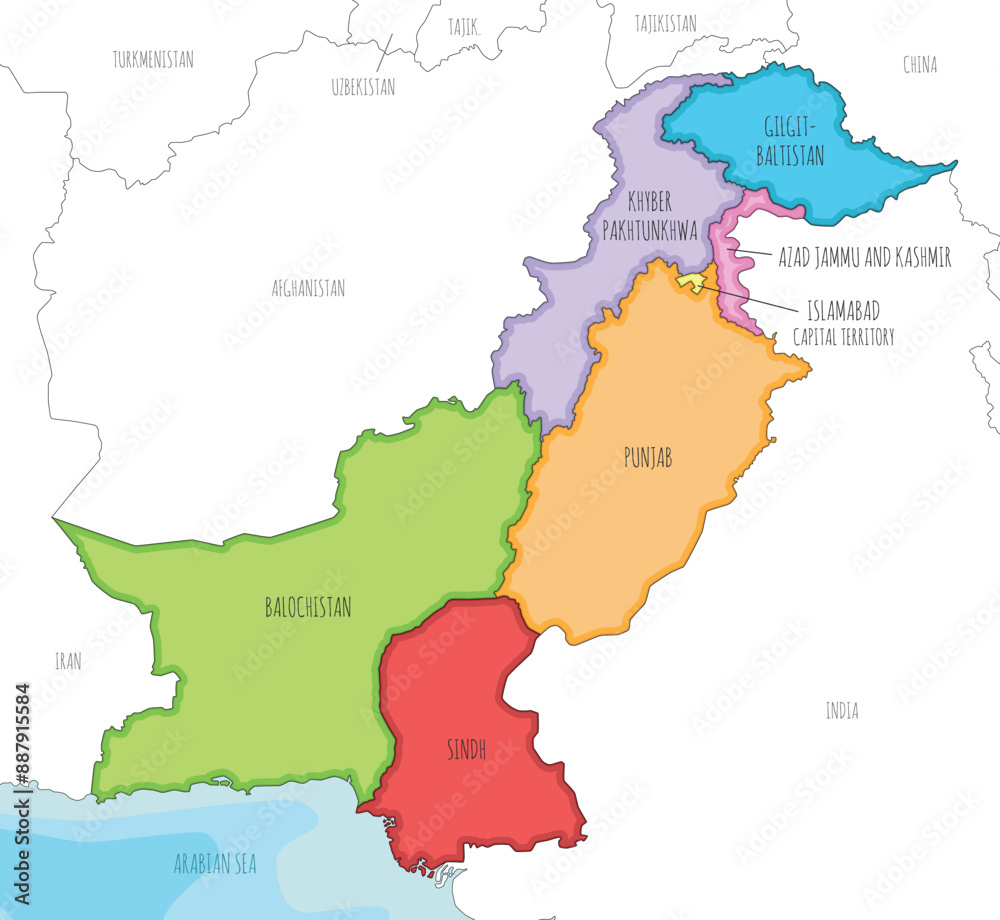 Vector illustrated regional map of Pakistan with provinces and territories and administrative ...