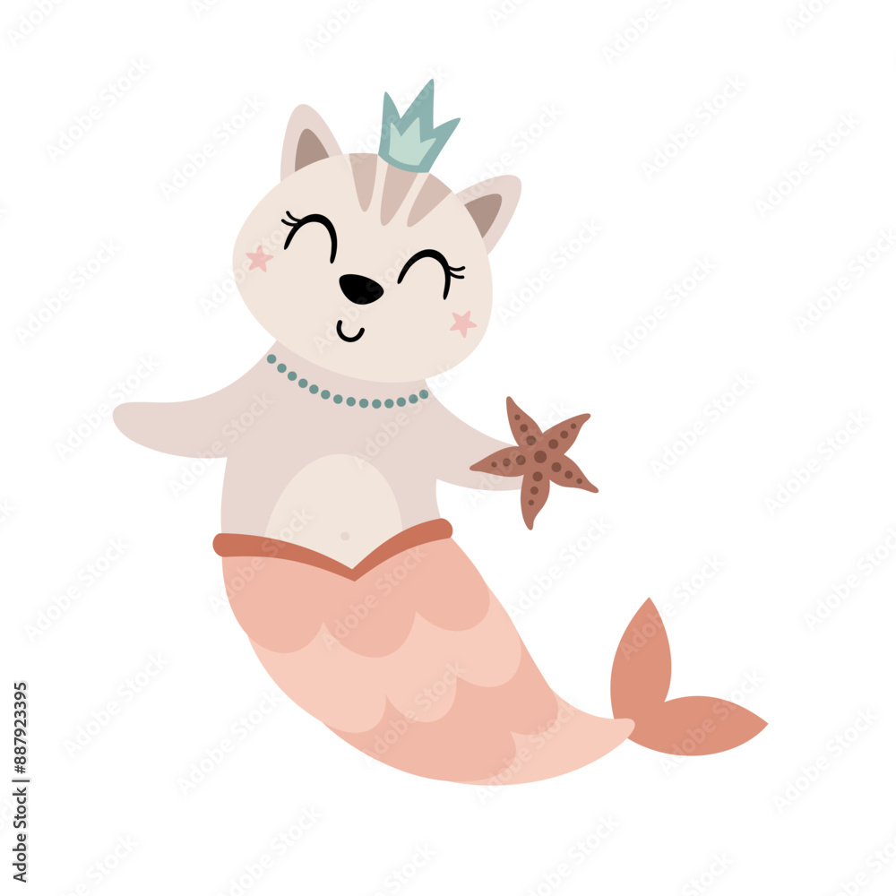 Mermaid clipart. Cute mermaid animal clipart in cartoon flat style ...