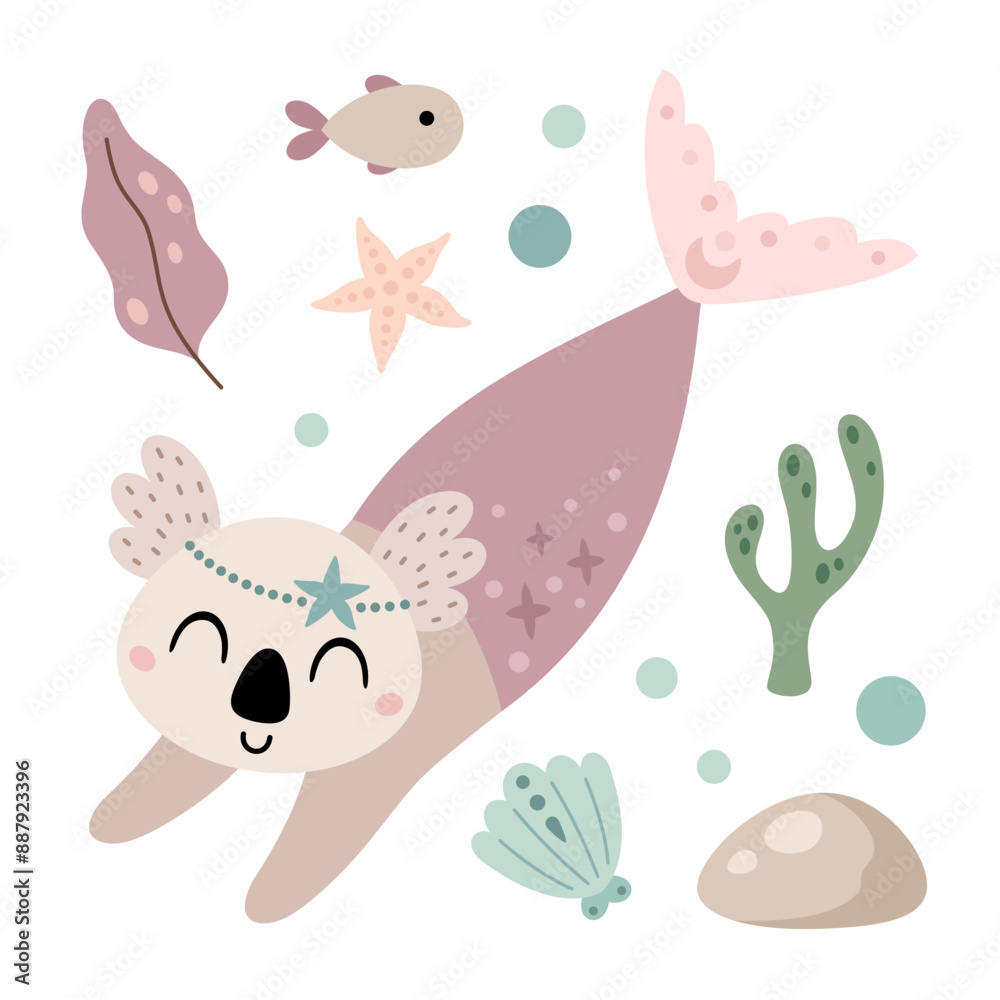 Mermaid clipart. Cute mermaid animal clipart in cartoon flat style ...