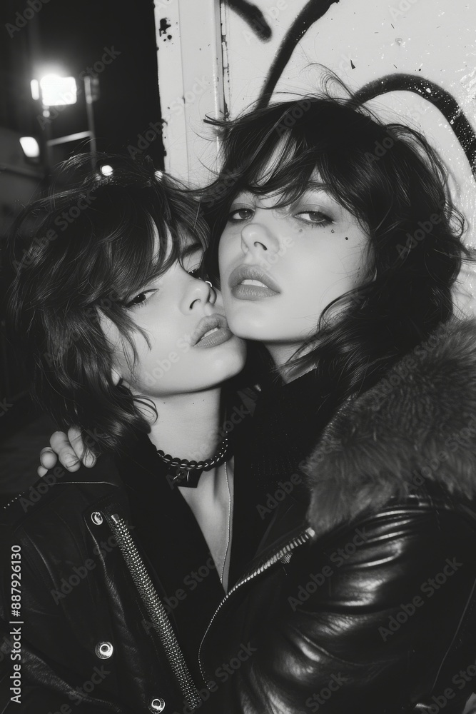 Two females embracing: Two women dressed in modern Goth attire, hugging ...